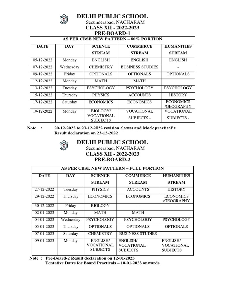 PRE BOARD CLASS-XII Date Sheet | PDF