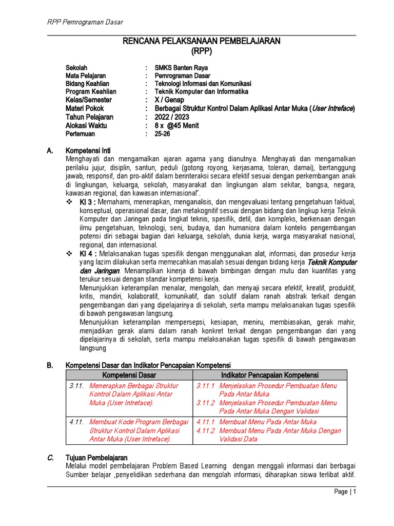 RPP KD-11 Pemrograman Dasar | PDF | Karier & Perkembangan