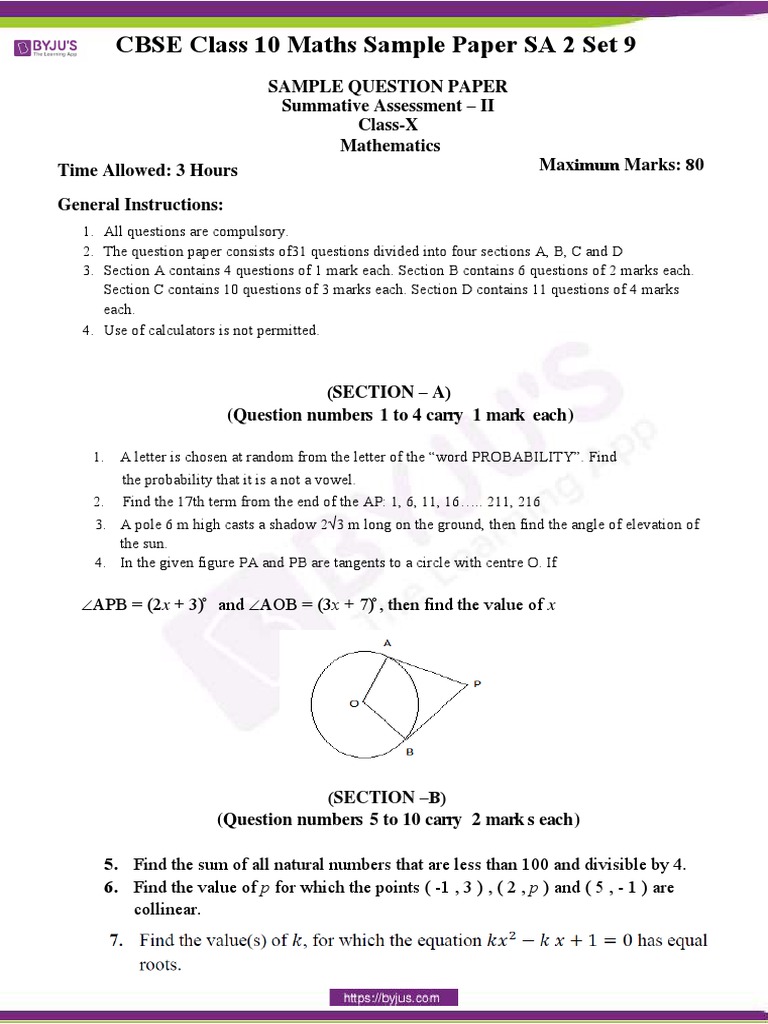 CBSE Class 10 Maths Sample Paper | PDF | Circle | Geometry