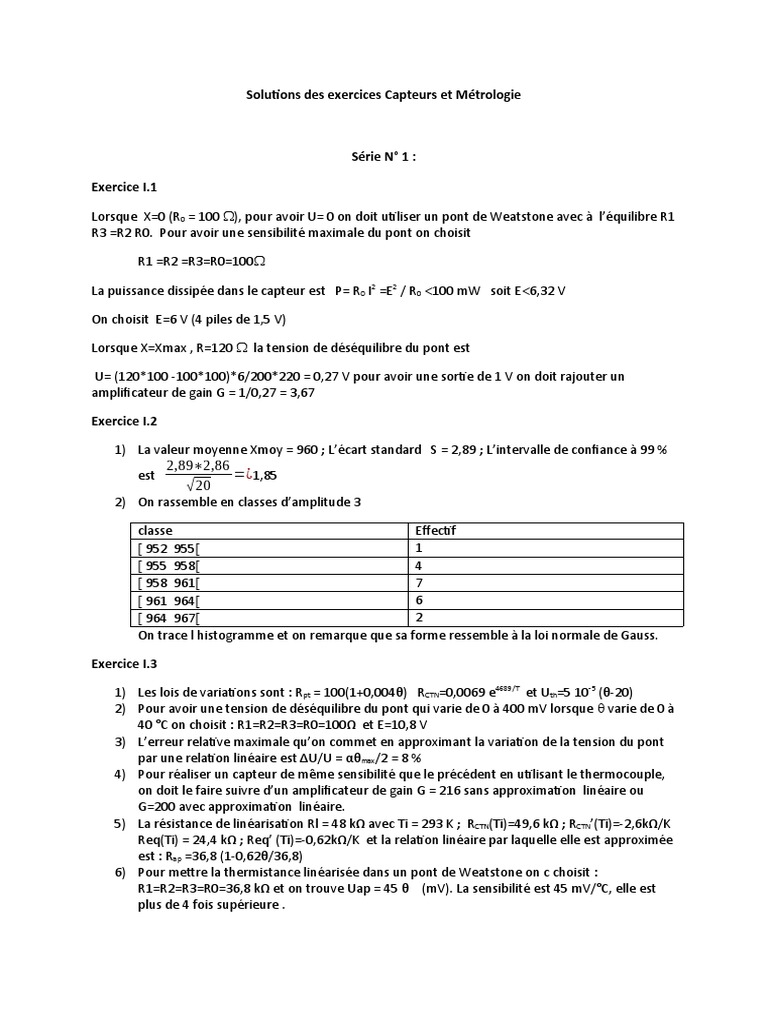 Solutions - Des - Exercices Capteurs Et Métrologie | PDF | Instrument de mesure | Grandeur physique