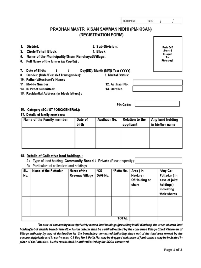 Pradhan Mantri Kisan Samman Nidhi (Pm-Kisan) (Registration Form) | PDF ...