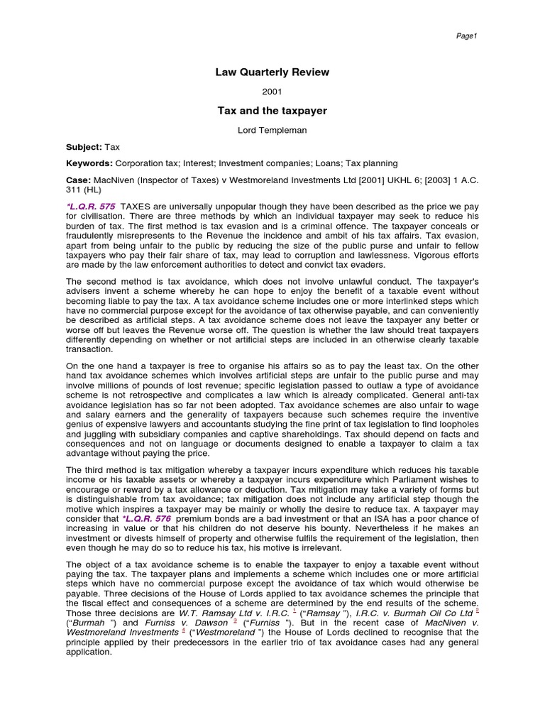 Tax and The Taxpayer by Lord Templeman | Download Free PDF | Taxes | Tax Avoidance