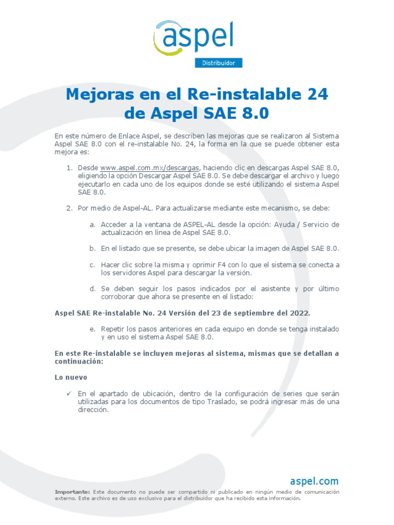 Mejoras Aspel SAE 8.0 Reinstalable 24 | PDF | Factura | Software