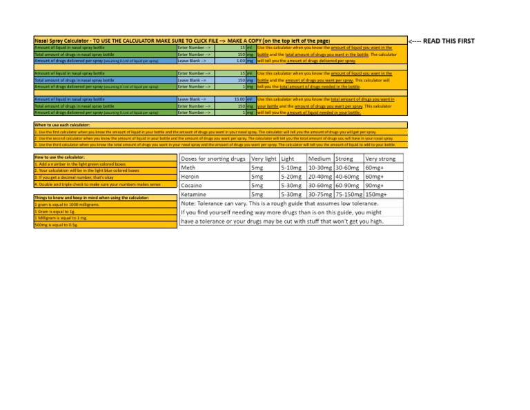 Nasal Spray Calculator Draft - XLSX - Nasal Spray Calculator | PDF