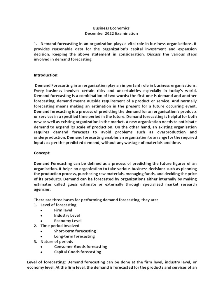 Steps Involved in Demand Forecasting and Calculating Costs from a ...