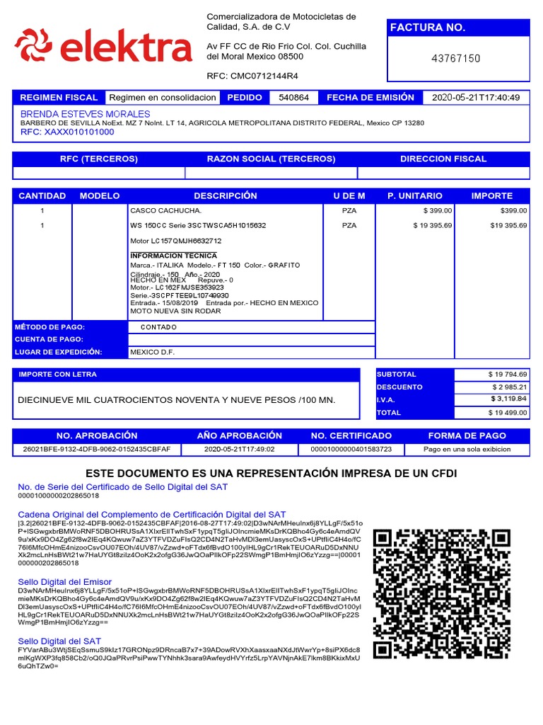 Factura Elektra | Descargar gratis PDF | Motociclismo