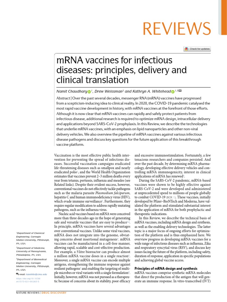 2021-mRNA Vaccines For Infectious Diseases Principles, Delivery and Clinical Translation | PDF ...