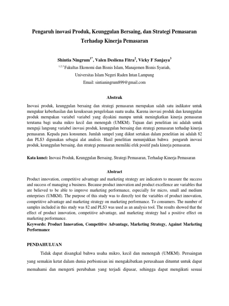 Pengaruh Inovasi Produk, Keunggulan Bersaing, Dan Strategi Pemasaran Terhadap Kinerja Pemasaran ...