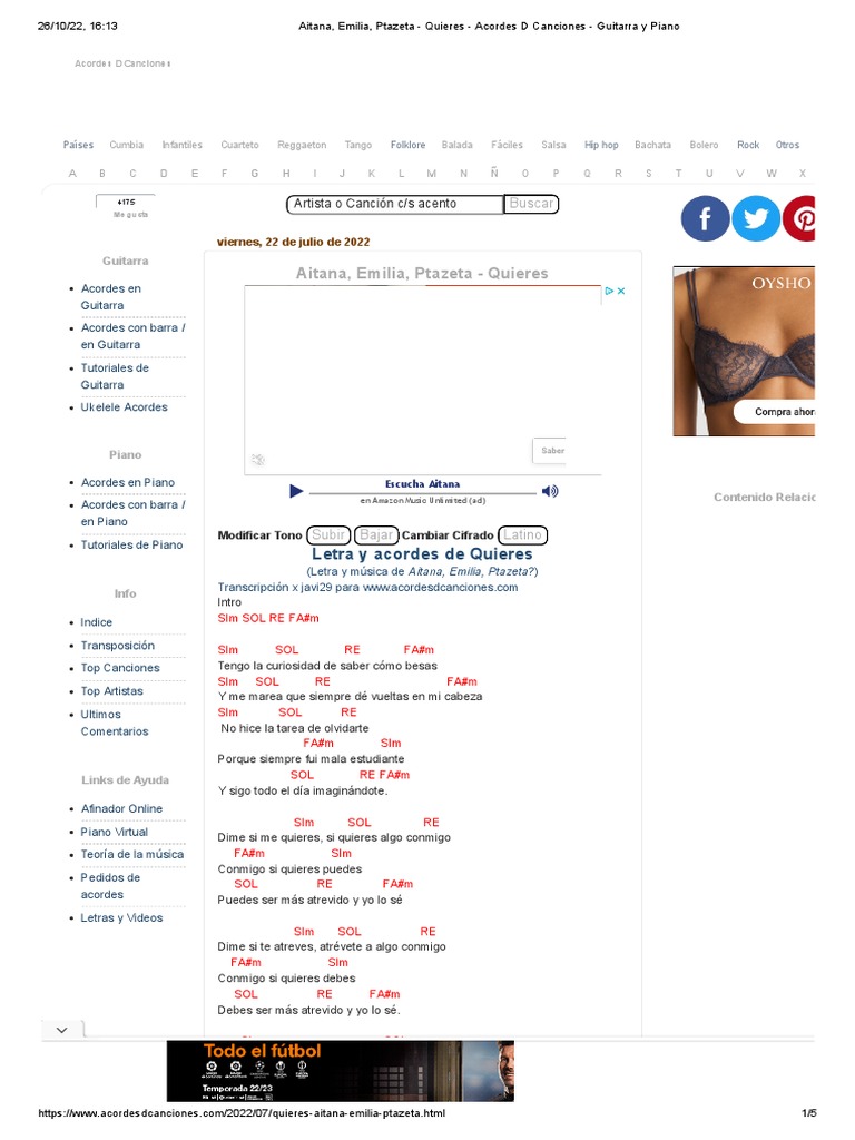 Aitana, Emilia, Ptazeta - Quieres - Acordes D Canciones - Guitarra y Piano | PDF | Acorde ...