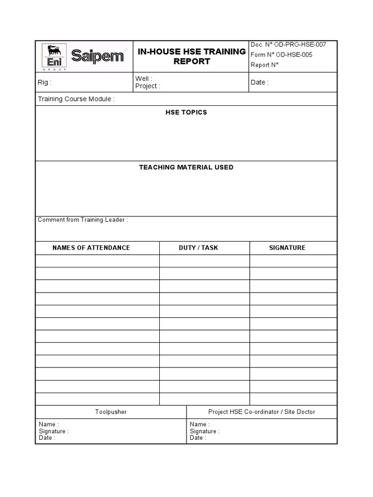 OD-HSE-005 In-House HSE Training Report | PDF