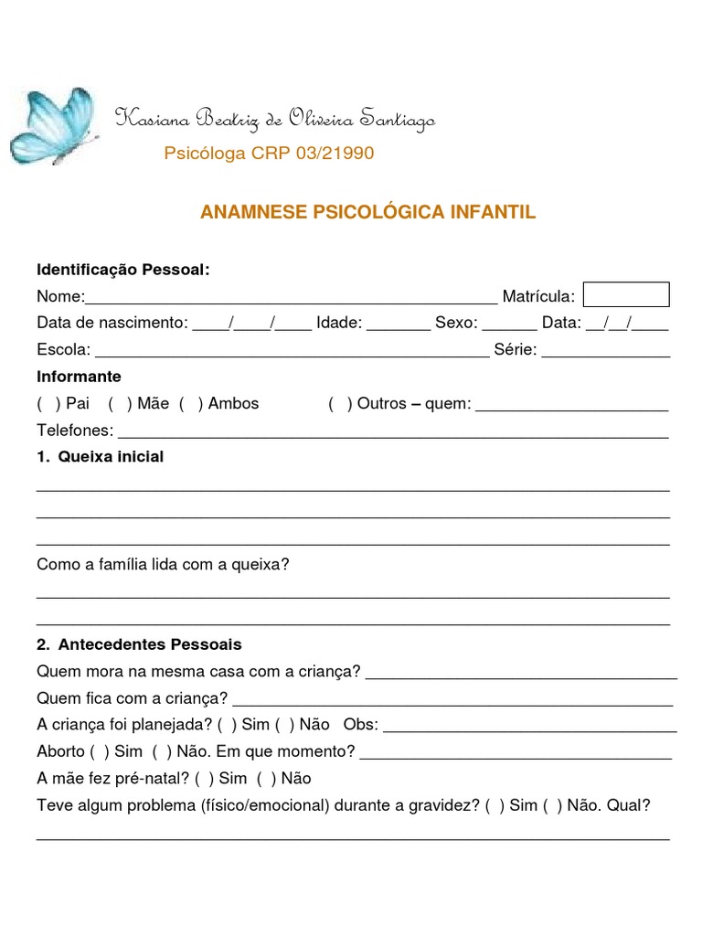 Anamnese Infantil Completa PDF | PDF | Família | Psicologia