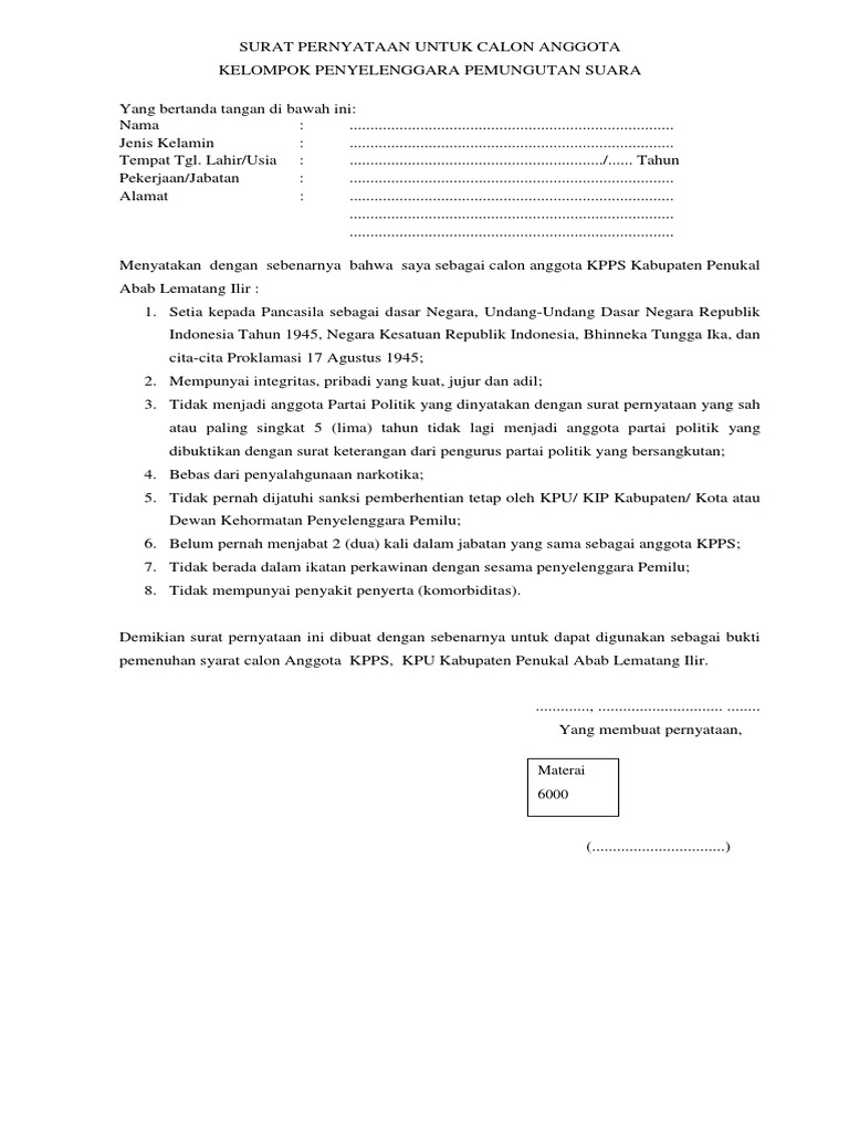 Surat Pernyataan Untuk Calon Anggota Kpps | PDF