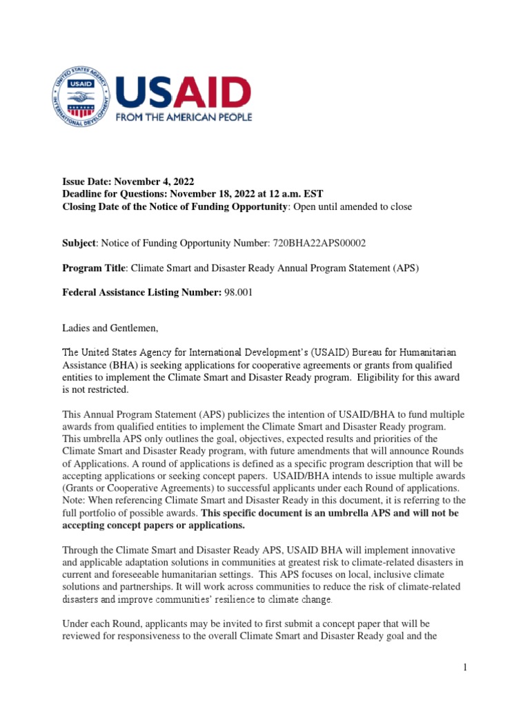 USAID Climate Smart Funding Opportunity | PDF | Disaster Risk Reduction ...