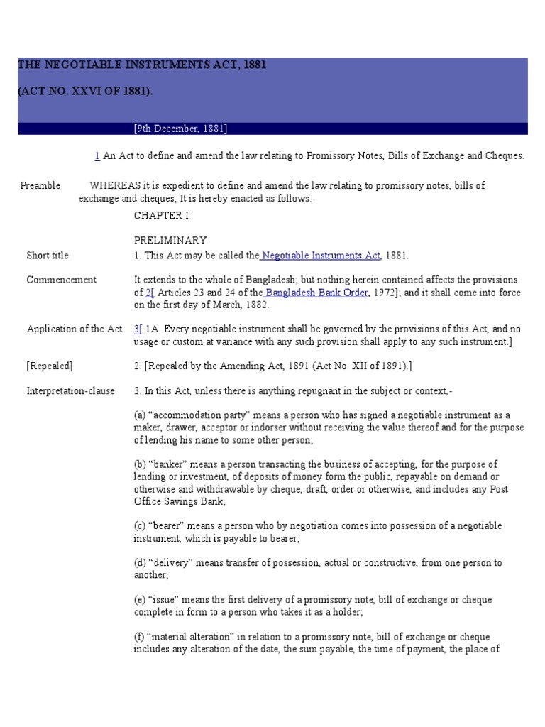 Negotiable Instruments Act 1881 Overview | PDF | Negotiable Instrument ...