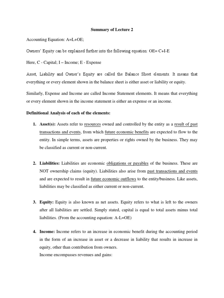 Lecture 2 Summary Accounting PAU PDF Income Equity Finance 