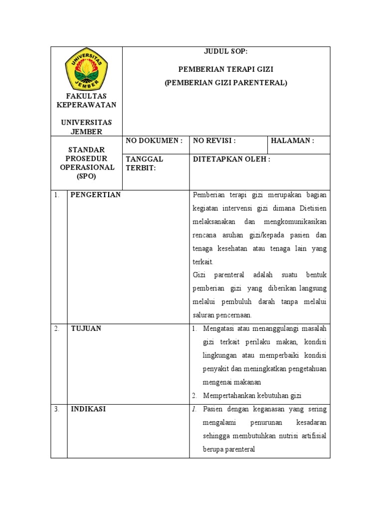 SOP Terapi Gizi (Gizi Parenteral) | PDF