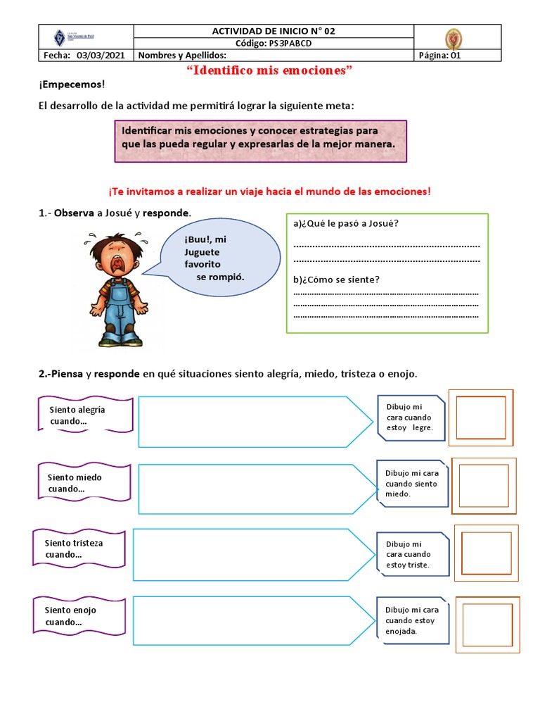 Ficha de Actividad 2 Identifico Mis Emociones | PDF | Las emociones