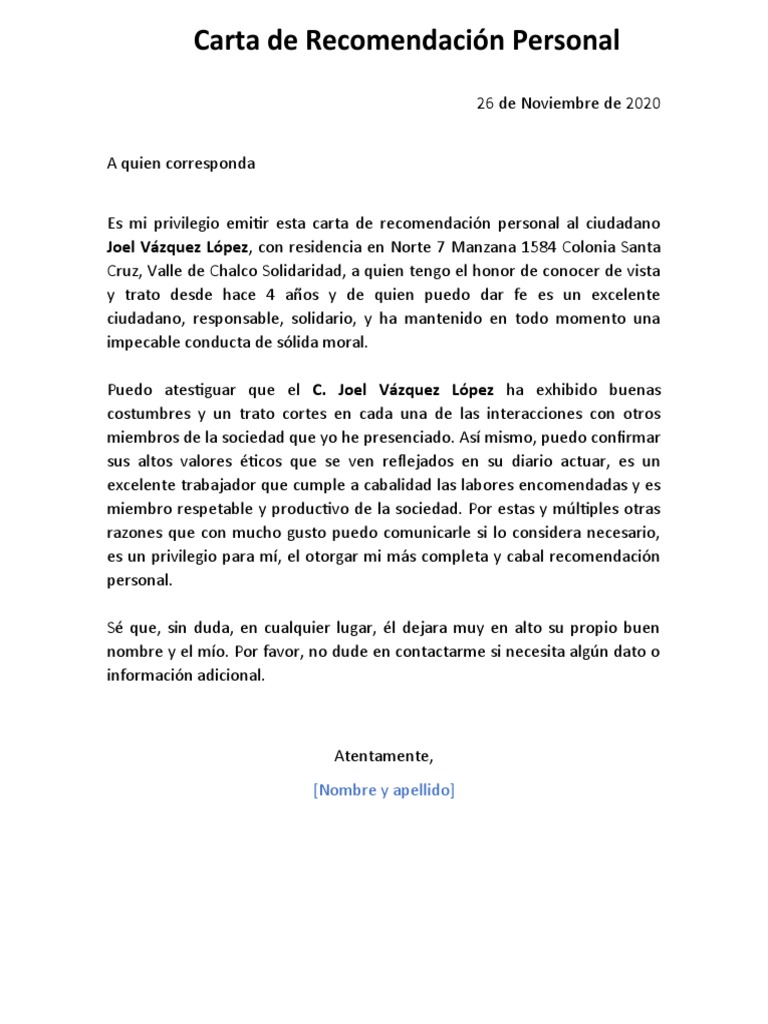 Carta de Recomendación para Joel Vázquez | PDF