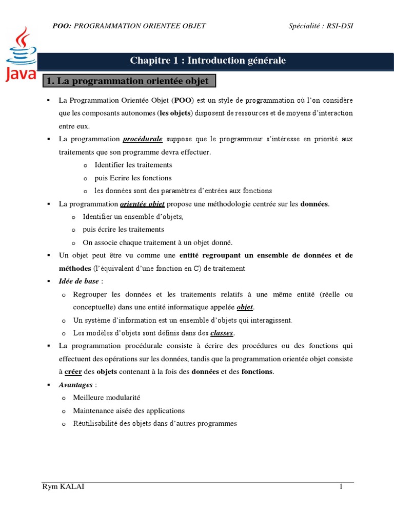 DSI2 - POO - Chapitre1 - Introduction Générale | PDF | Java (Langage de programmation) | Classe ...