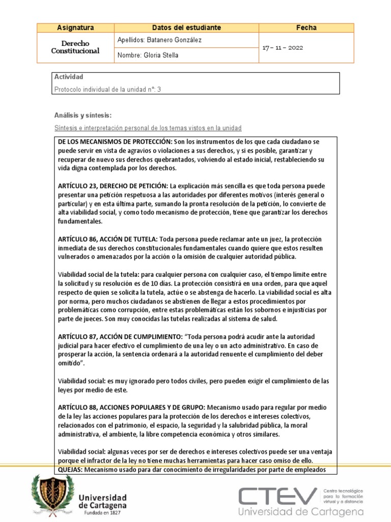 Protocolo Individual Derecho Consti U3 Gloria | PDF | Habeas corpus ...