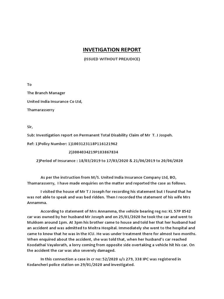 Invetigation Report | PDF | Insurance