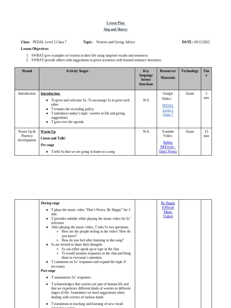 Pedal Level 2 Class 7 Lesson Plan | PDF | Learning | Behavior Modification