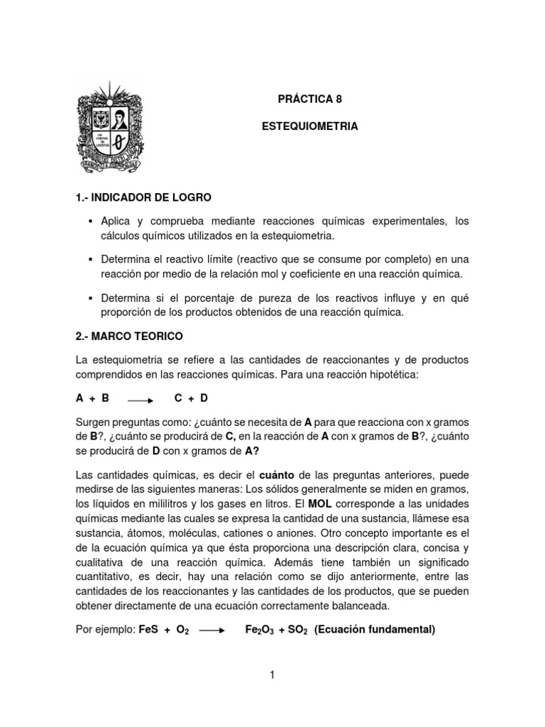 Guía Práctica 8 Estequiometria De Reacciones Químicas Pdf