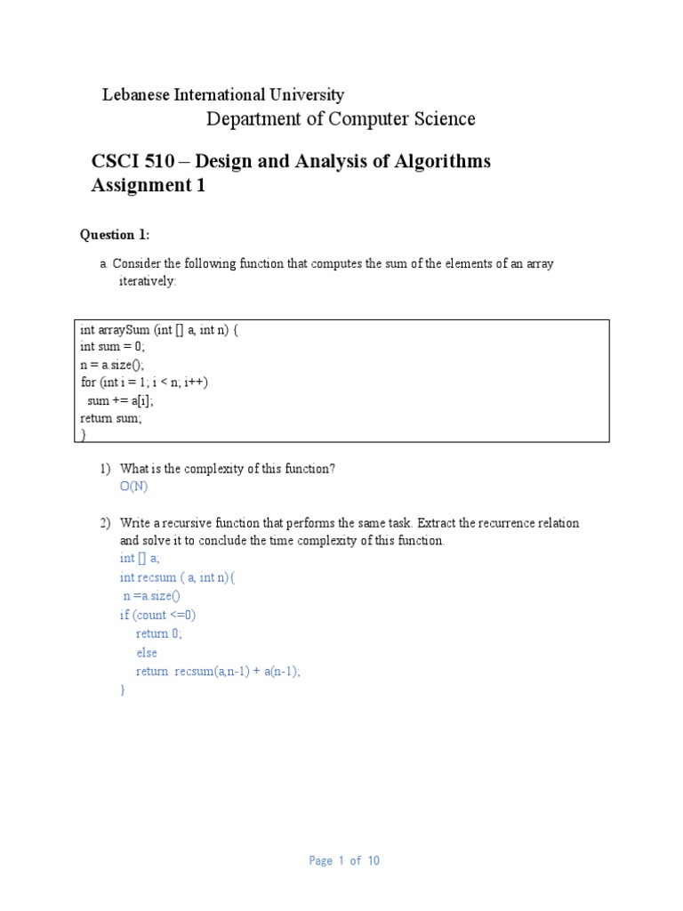 Csci 510 Assignment 1 Recurrence Relations And Algorithm Analysis Pdf String Computer