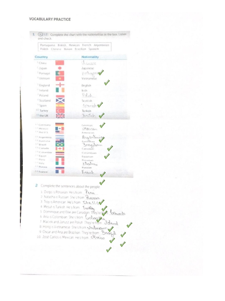 Vocabulary Practice Nationalities, Numbers and Personal Objects 2 | PDF