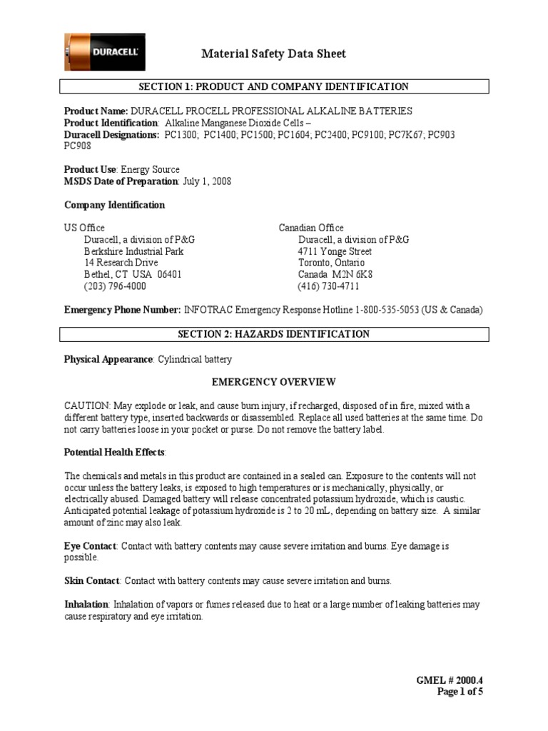 Duracell Procell Alkaline Batteries (north America Msds) | Pdf 