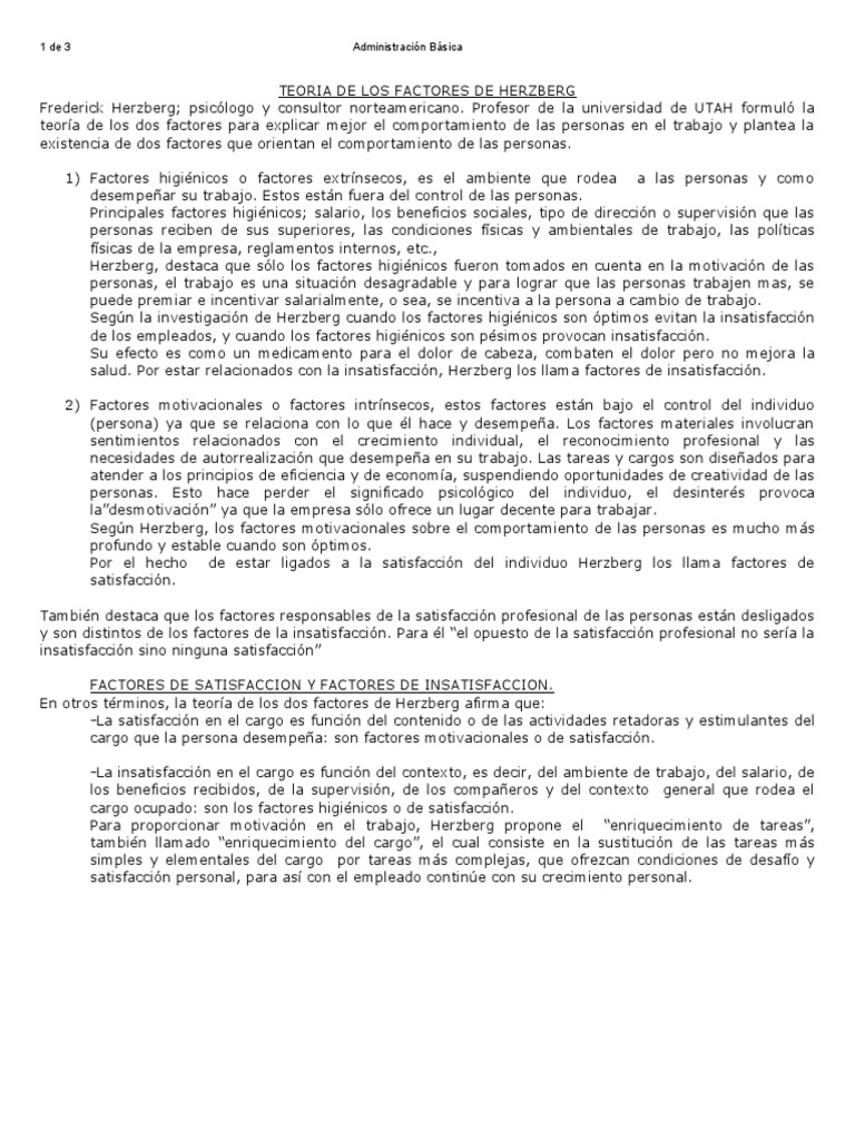 Factores Higienicos de Herzbergherzberg | PDF | Ciencia cognitiva ...