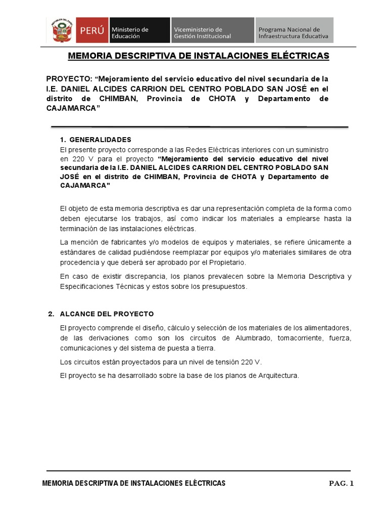 Memoria Descriptiva de Instalaciones Electricas y de Comunicaciones | Descargar gratis PDF ...