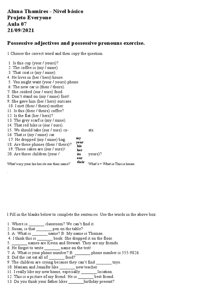 Possessive Adjectives Exercises | PDF | Plural | Grammatical Number