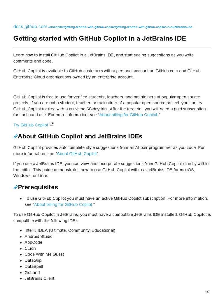 Getting Started With GitHub Copilot in A JetBrains IDE (Docs Github Com) | PDF | Integrated ...