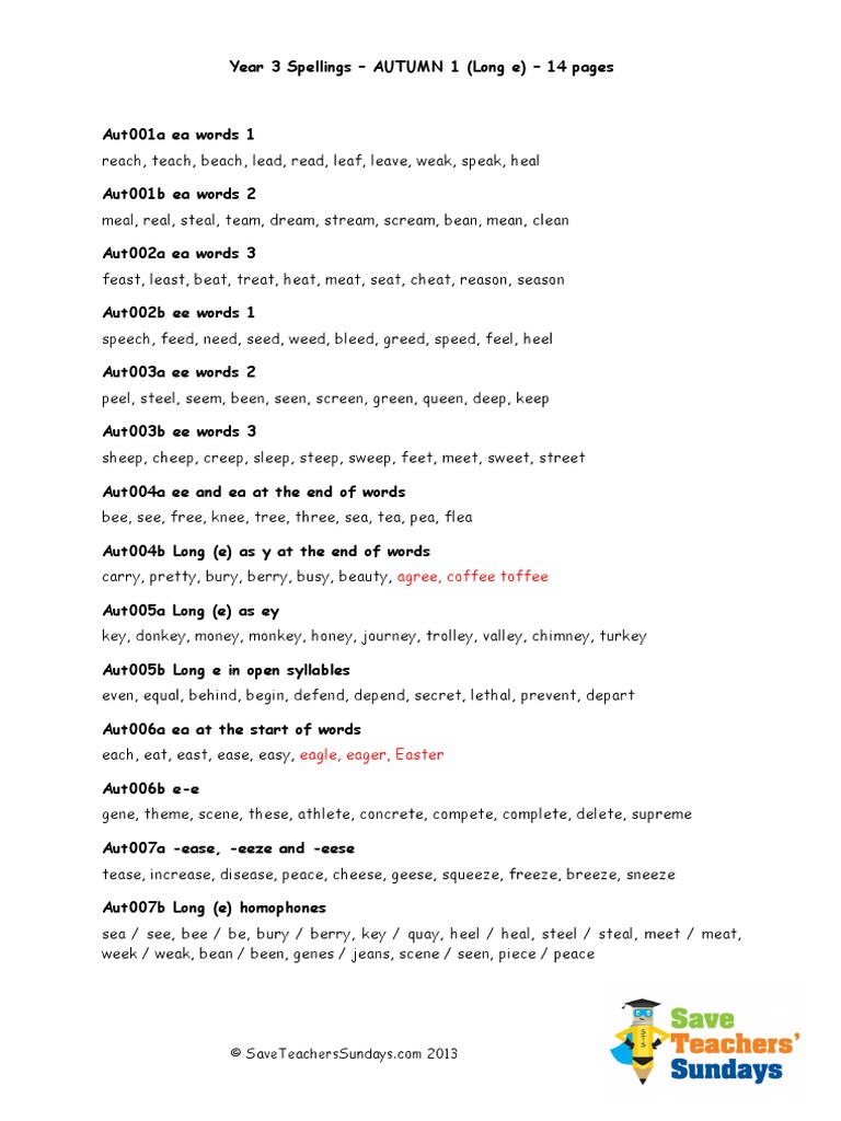 Year 3 Spelling List - Autumn 1 | PDF