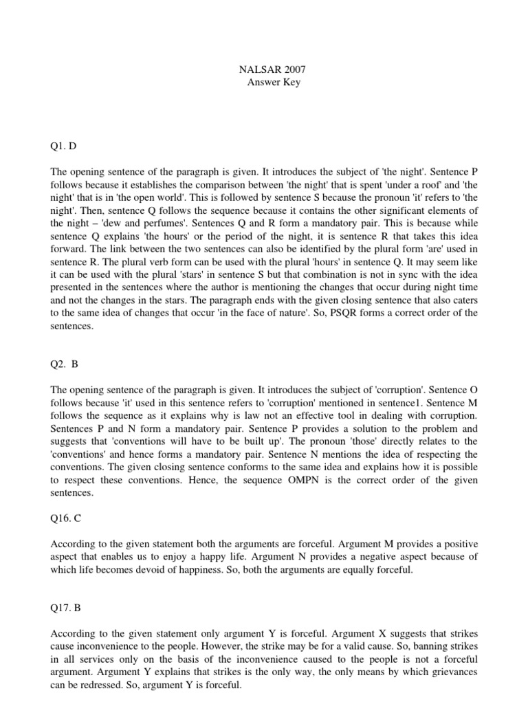 NALSAR 2007 Answer Key and Explanations | PDF | Argument | Proteins