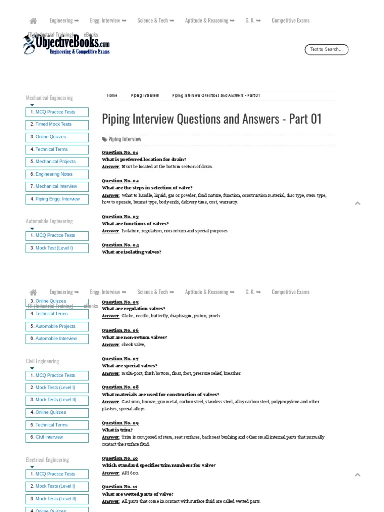 Piping Interview Questions and Answers - Part 01 | PDF | Valve | Strength Of Materials