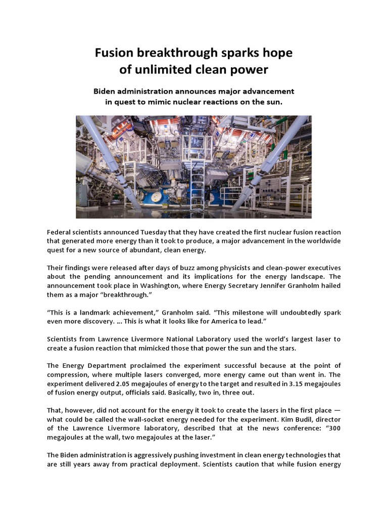 Fusion Breakthrough Sparks Hope Of Unlimited Clean Power Pdf Fusion
