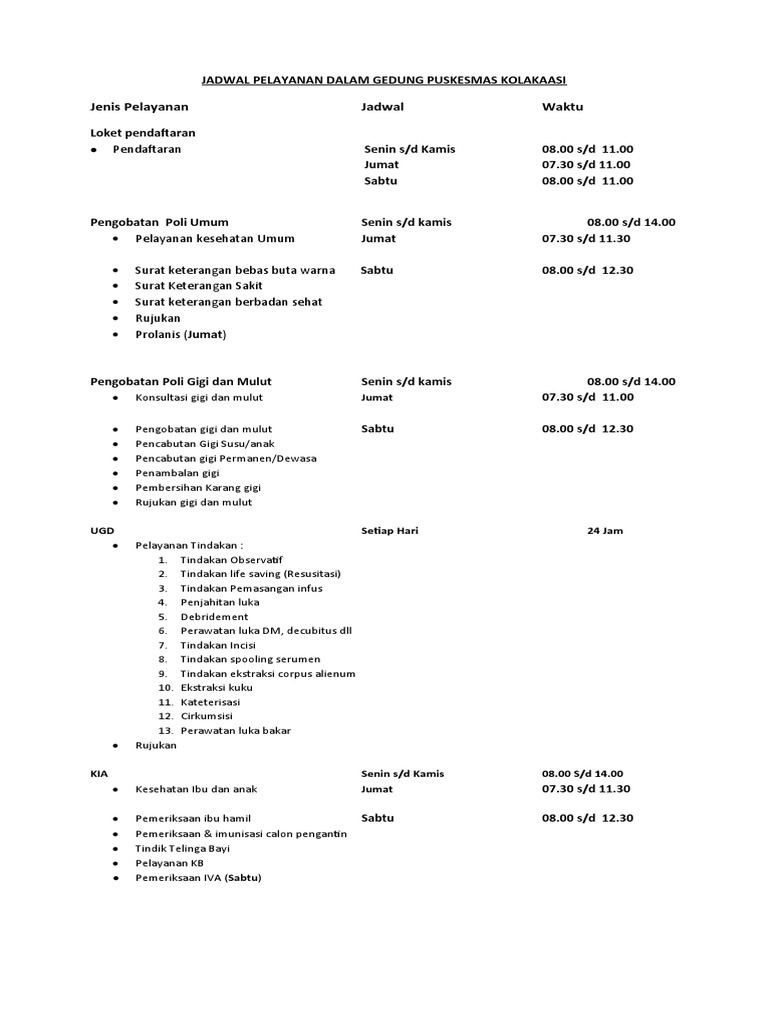 Jadwal Pelayanan Dalam Gedung Puskesmas Pdf