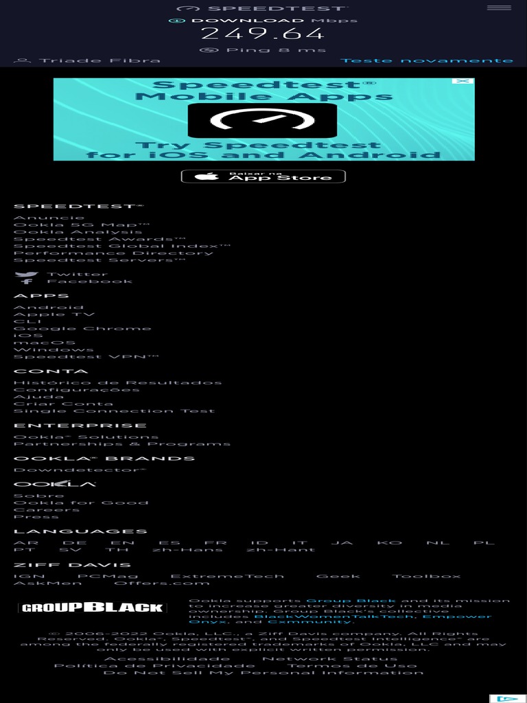 Speedtest by Ookla - Teste de Velocidade de Conexão Da Internet | PDF