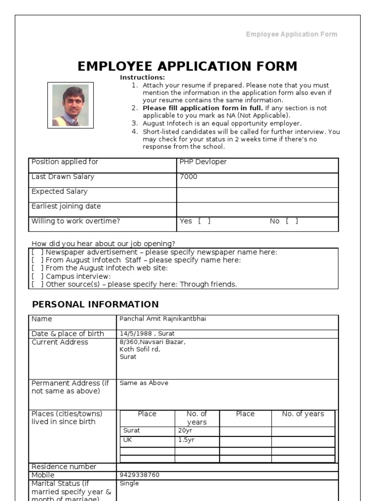 Employee Application Form | PDF | Employment | Cognition