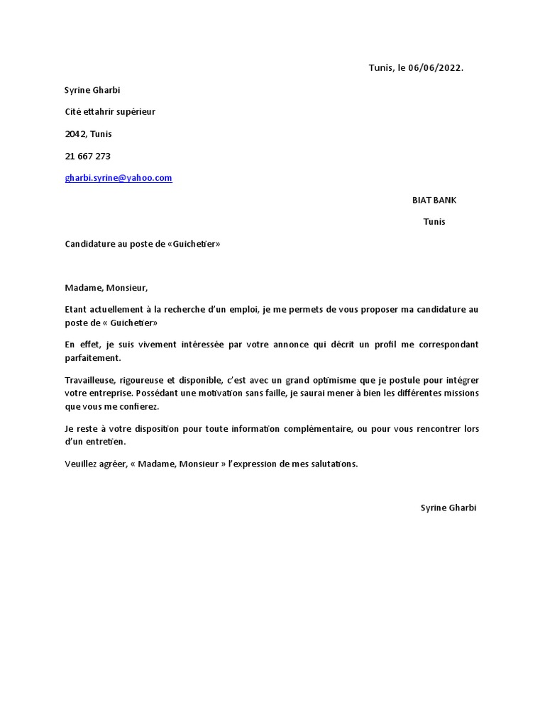 Lettre de Motivation BIAT | PDF