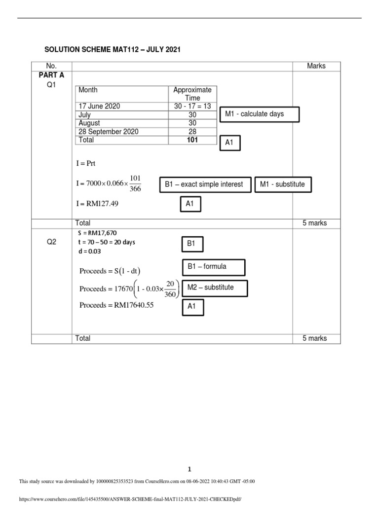 ANSWER SCHEME Final MAT112 JULY 2021 CHECKED PDF | PDF | Money