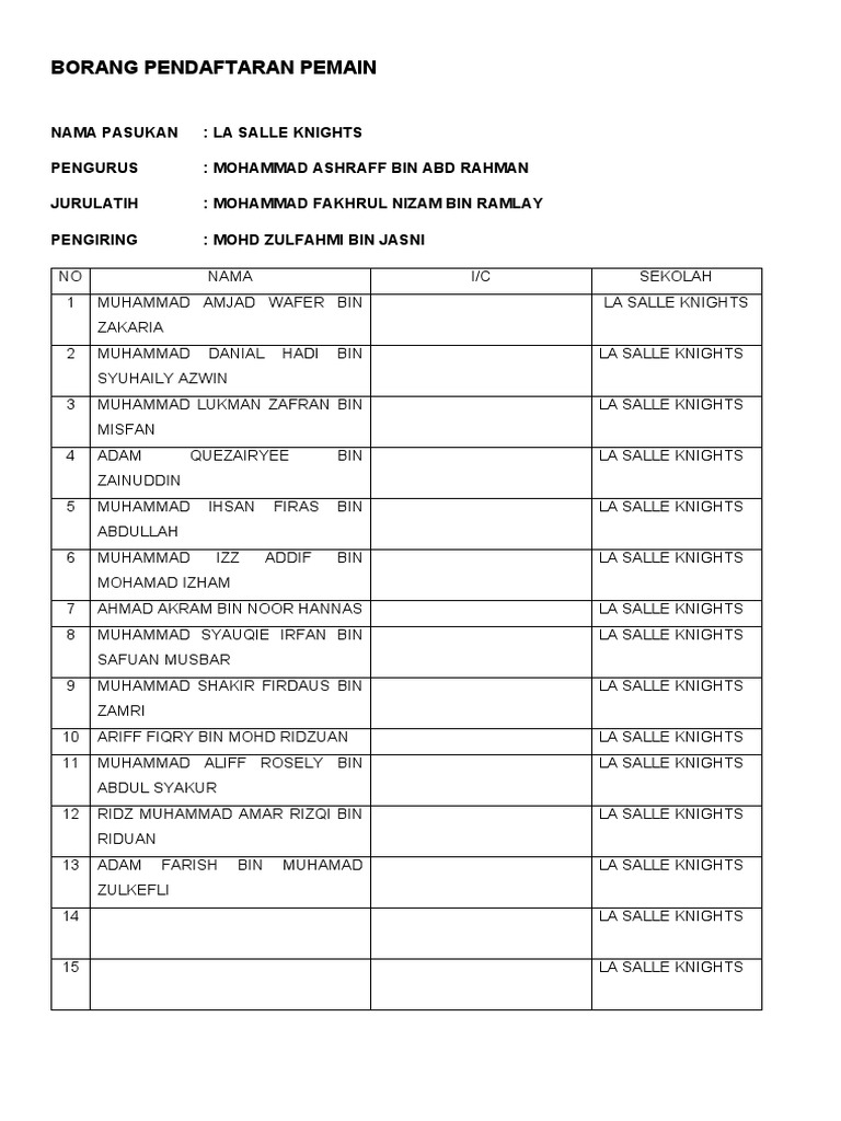 BORANG PENDAFTARAN PEMAIN | PDF