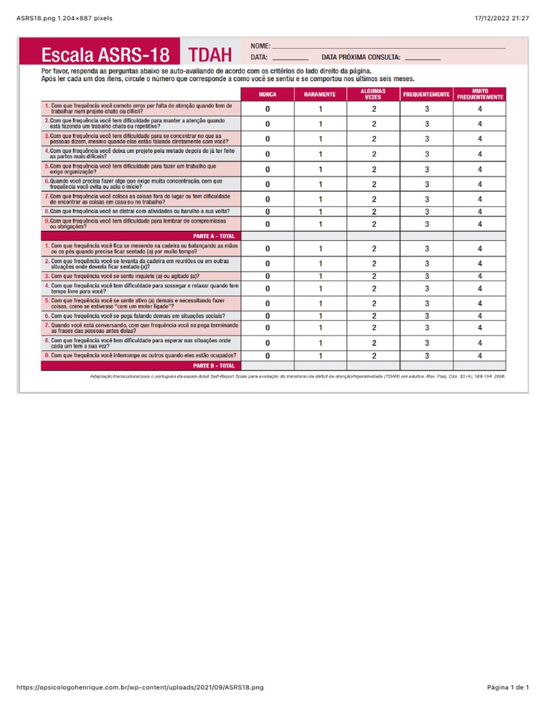 ASRS18 Aplicação TDAH Teste | PDF | Xadrez