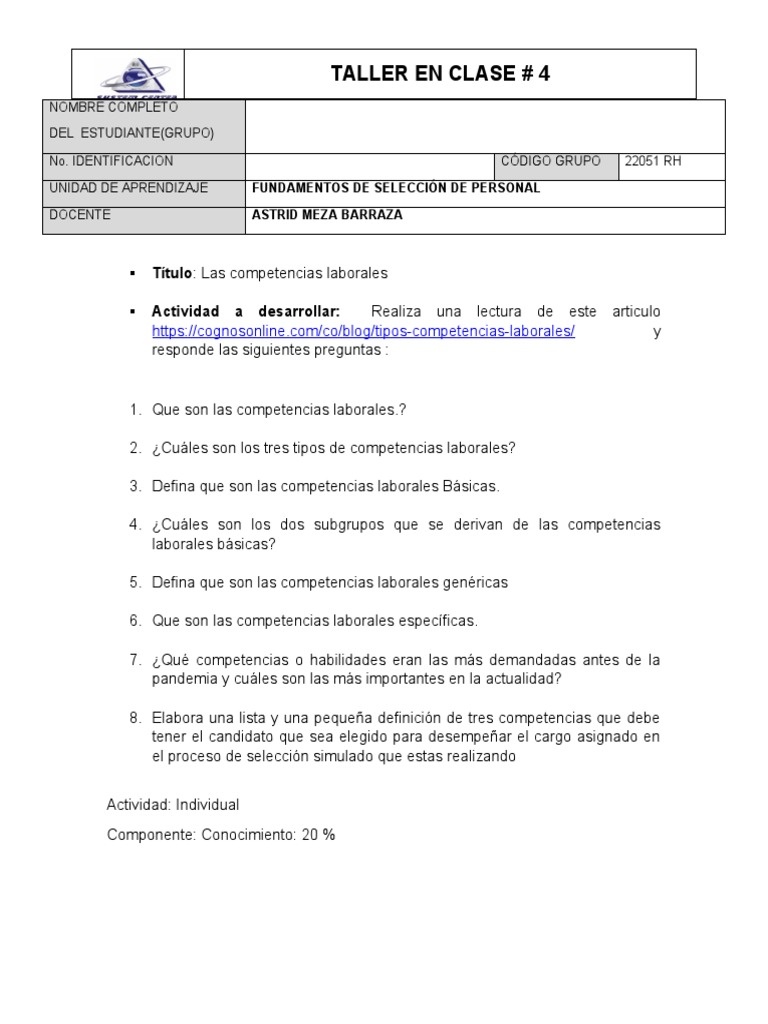 TALLER EN CLASE # 4 Las Competencias Laborales | PDF