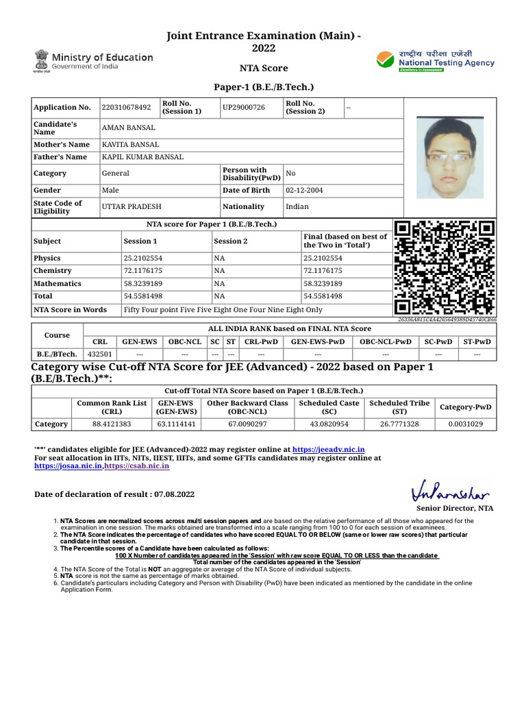 Jee Mains Aman | PDF | Qualifications | Student Assessment And Evaluation