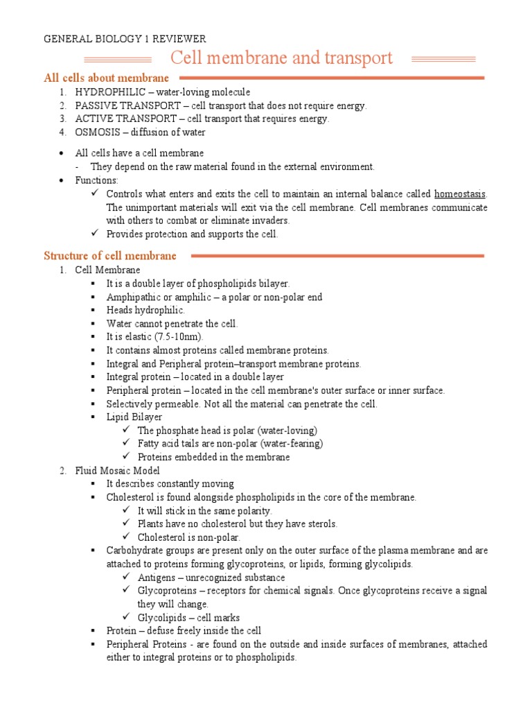 General Biology 1 Reviewer 1 | PDF | Cell Membrane | Osmosis