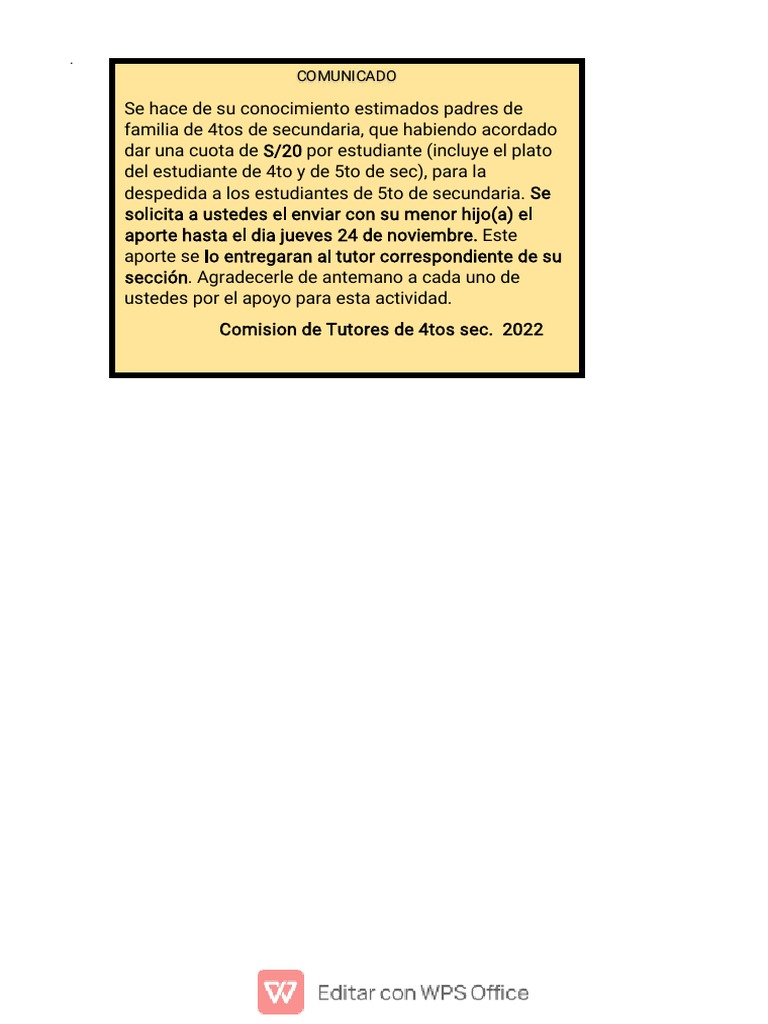 Comunicado A Los PPFF de 4tos Despedida A 5tos Sec 2022 | PDF