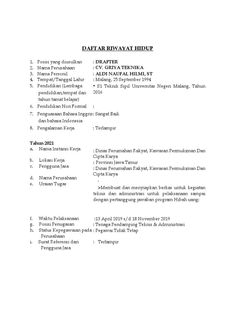 CV Aldi Naufal Hilmi, Drafter Teknik | PDF | Bisnis